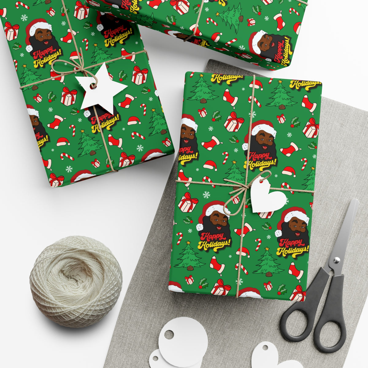 Happy Black Santa - Happy Holidays - Green Gift Wrapping Paper Roll ...