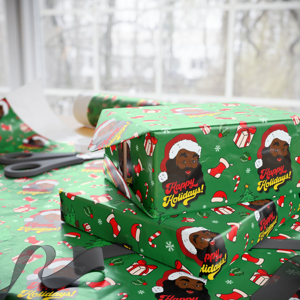 Happy Black Santa - Happy Holidays - Green Gift Wrapping Paper Roll ...