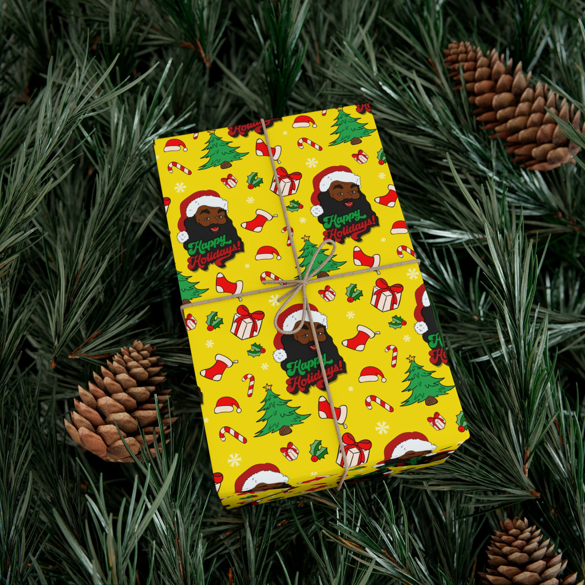 Happy Black Santa - Happy Holidays - Yellow Gift Wrapping Paper Roll ...